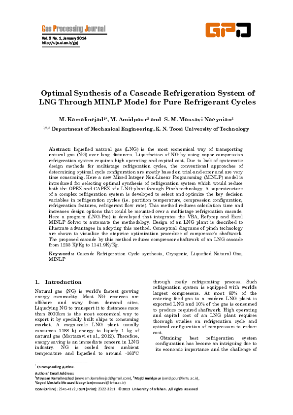 (PDF) Optimal Synthesis of a Cascade Refrigeration System of LNG ...