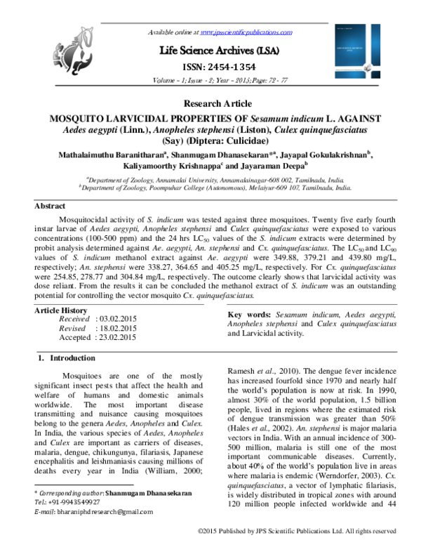 (PDF) MOSQUITO LARVICIDAL PROPERTIES OF Sesamum indicum L. AGAINST Aedes aegypti (Linn ...