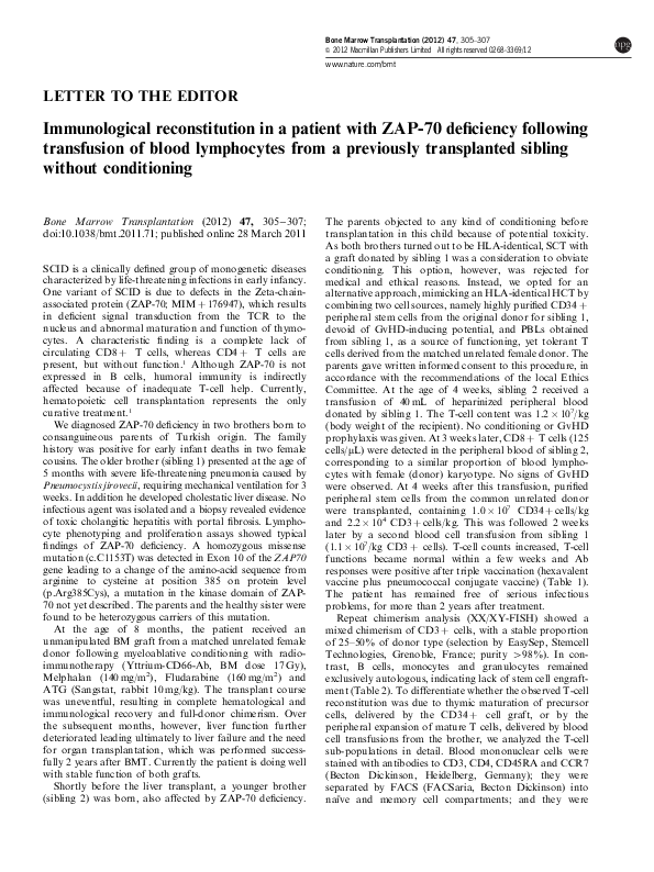 (PDF) Immunological reconstitution in a patient with ZAP-70 deficiency ...