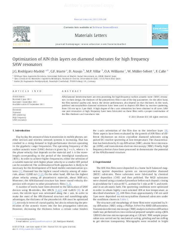 (PDF) Optimization of AlN thin layers on diamond substrates for high ...