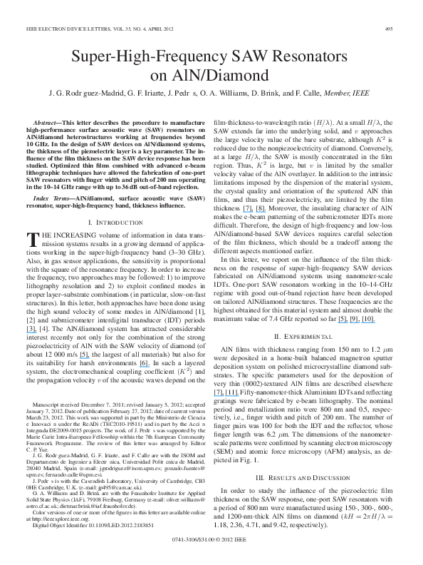(PDF) Super-High-Frequency SAW Resonators on AlN/Diamond
