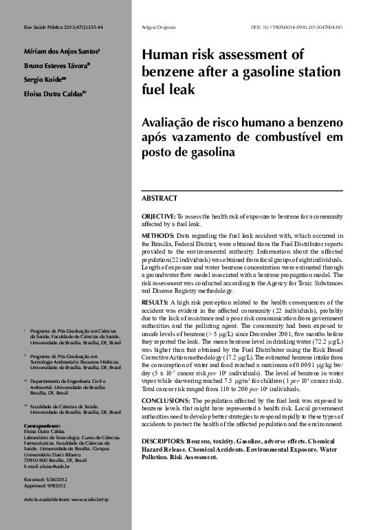 (PDF) Human risk assessment of benzene after a gasoline station fuel leak