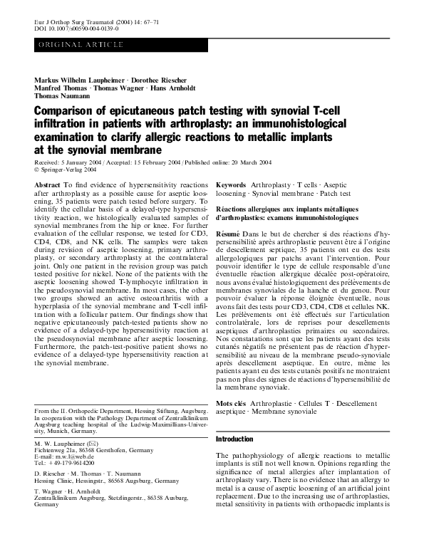 (PDF) Comparison of epicutaneous patch testing with synovial T-cell ...