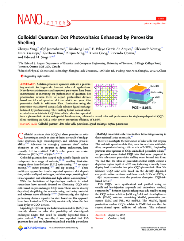 (PDF) Colloidal Quantum Dot Photovoltaics Enhanced by Perovskite Shelling