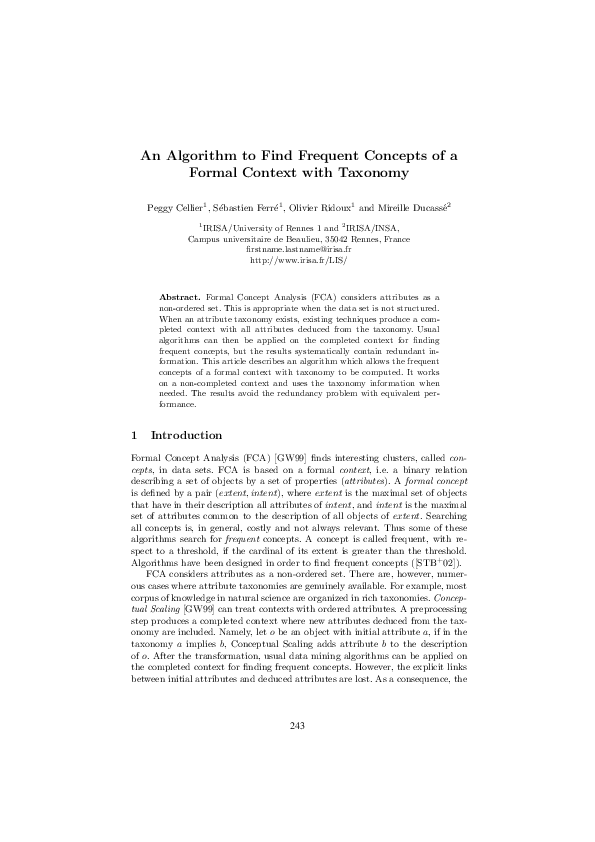 Pdf An Algorithm To Find Frequent Concepts Of A Formal Context With Taxonomy