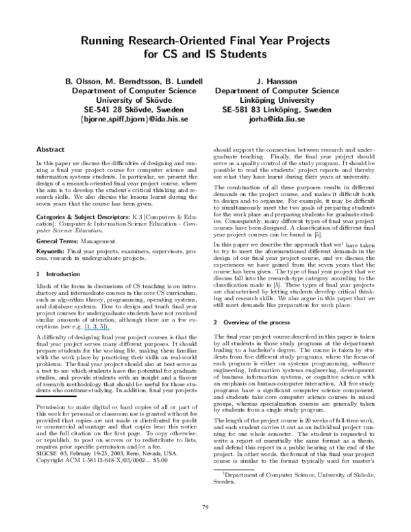 (PDF) Running research-oriented final year projects for CS and IS students