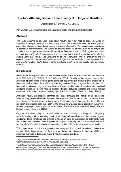 (DOC) Factors Affecting Market Outlet Use by US Organic Handlers