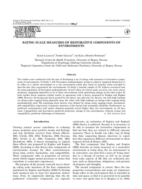 (PDF) RATING SCALE MEASURES OF RESTORATIVE COMPONENTS OF ENVIRONMENTS