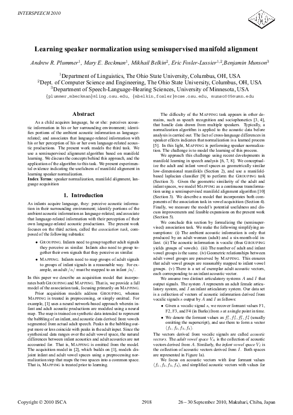 (PDF) INTERSPEECH 2010 Learning speaker normalization using semisupervised manifold alignment
