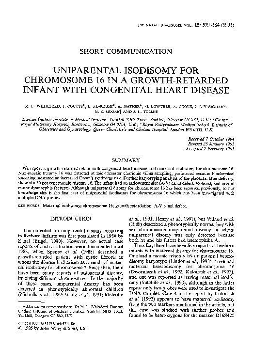 (PDF) Uniparental isodisomy for chromosome 16 in a growth-retarded ...