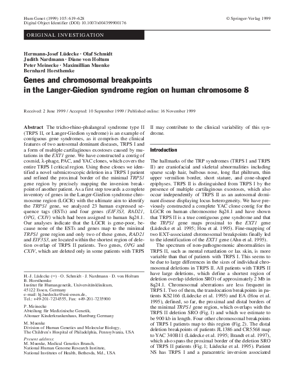 (PDF) Genes and chromosomal breakpoints in the Langer-Giedion syndrome ...