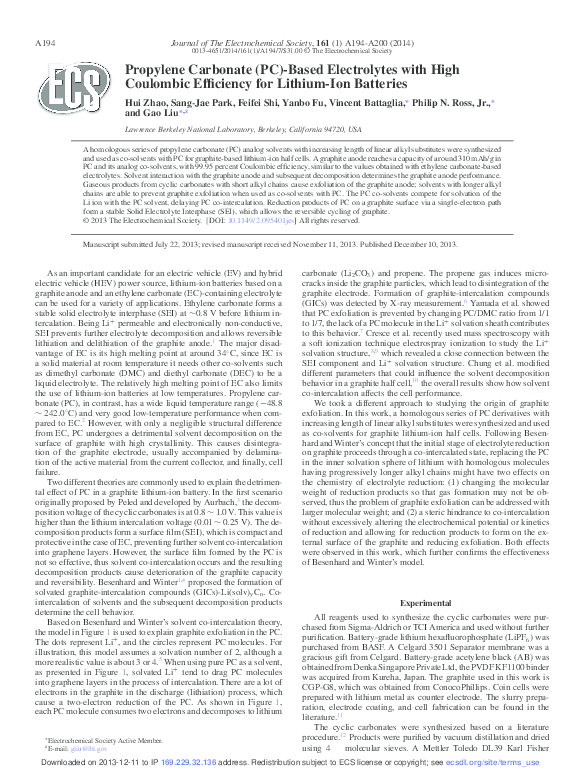 (PDF) Propylene Carbonate (PC)-Based Electrolytes with High Coulombic ...