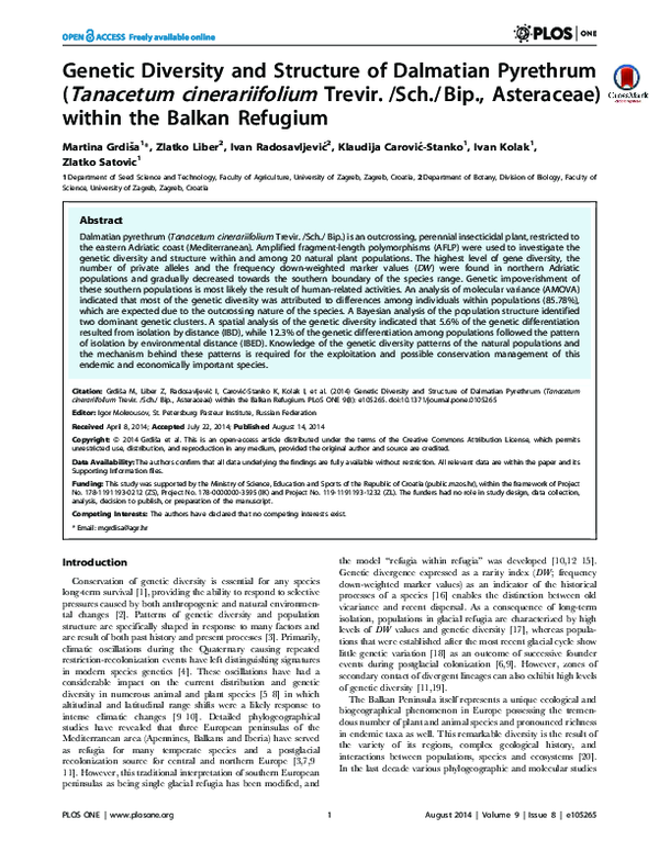 (PDF) Genetic Diversity and Structure of Dalmatian Pyrethrum (Tanacetum ...