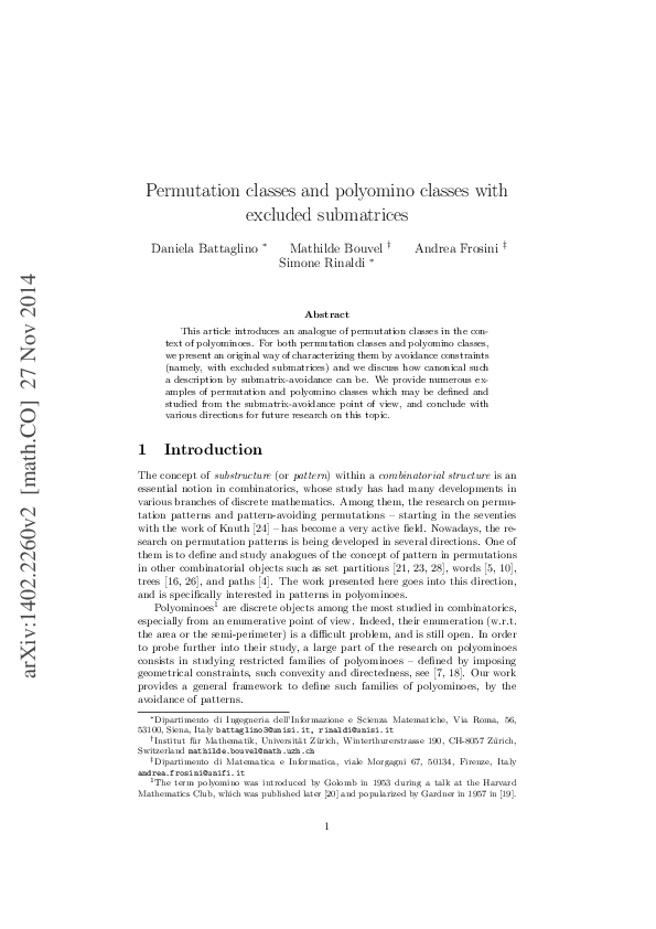 (PDF) Permutation classes and polyomino classes with excluded submatrices | Simone Rinaldi ...