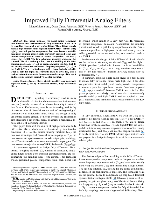 (PDF) Improved Fully Differential Analog Filters