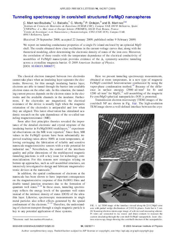 (PDF) Tunneling spectroscopy in core/shell structured Fe/MgO nanospheres