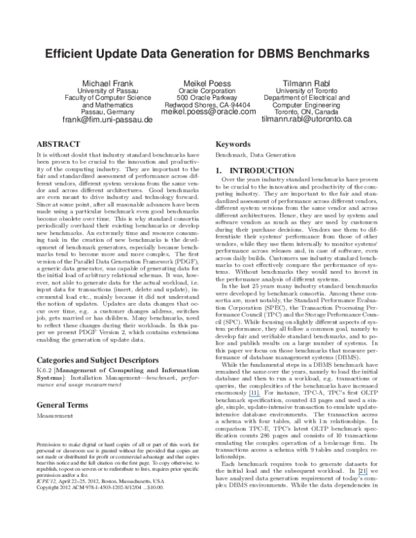 (PDF) Efficient update data generation for DBMS benchmarks | Meikel Poess - Academia.edu