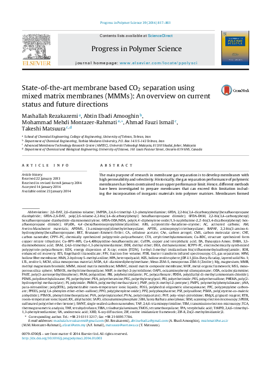 (PDF) State-of-the-art membrane based CO2 separation using mixed matrix membranes (MMMs): An ...