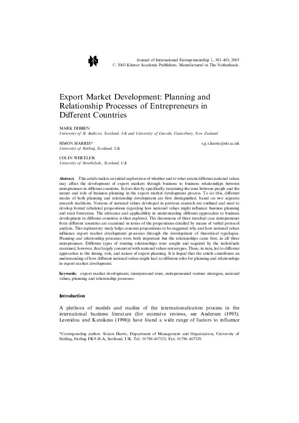(PDF) Export market development: planning and relationship processes of ...