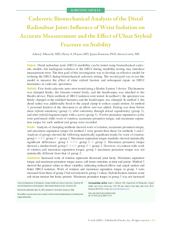 (PDF) Cadaveric Biomechanical Analysis of the Distal Radioulnar Joint ...