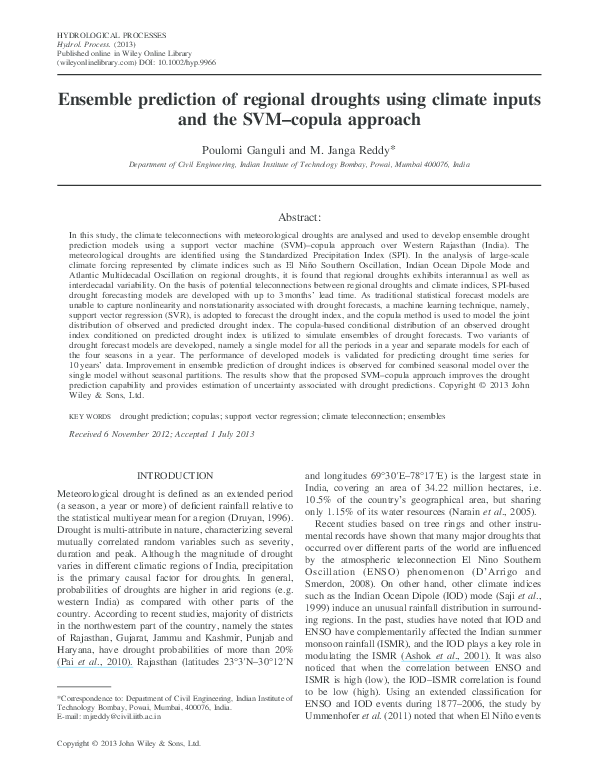 Pdf Ensemble Prediction Of Regional Droughts Using Climate Inputs And The Svm Copula Approach