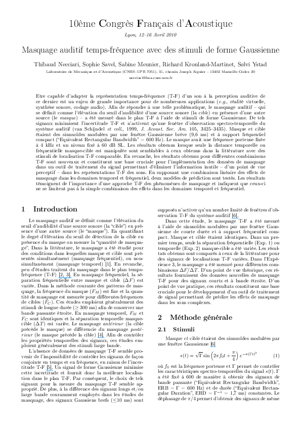 (PDF) Masquage auditif temps-fréquence avec des stimuli de forme Gaussienne