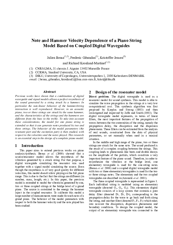 (PDF) Note and hammer velocity dependance of a piano string model based on coupled digital ...