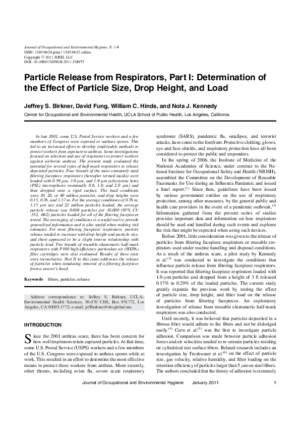 (PDF) Particle Release from Respirators, Part I: Determination of the ...