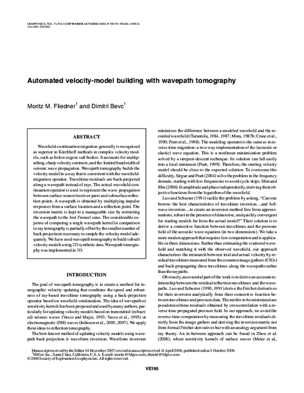 Pdf Automated Velocity Model Building With Wavepath Tomography