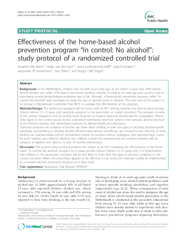(PDF) Effectiveness of the home-based alcohol prevention program "In ...