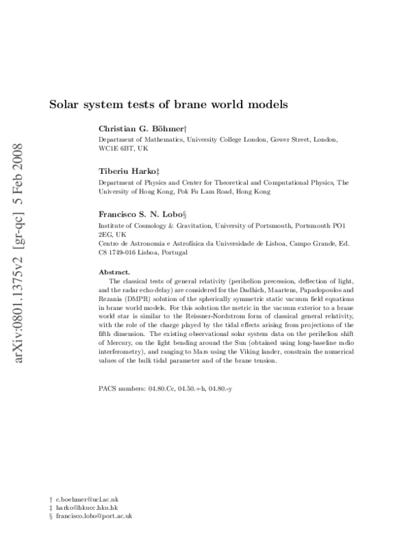 Pdf Solar System Tests Of Brane World Models