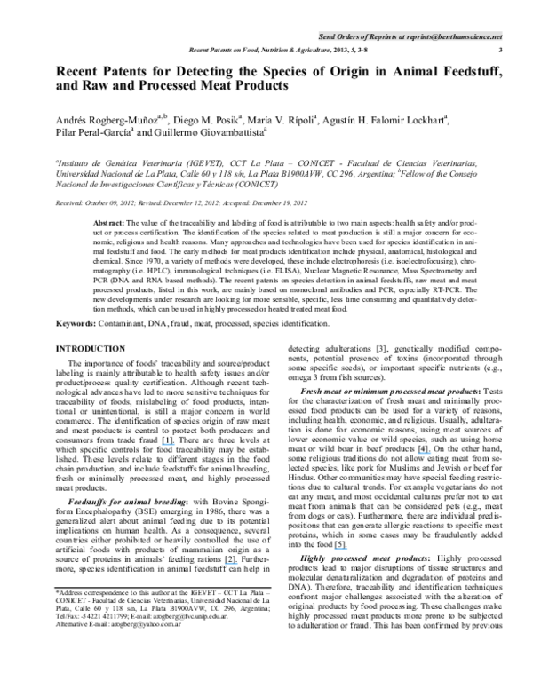 (PDF) Recent Patents for Detecting the Species of Origin in Animal ...
