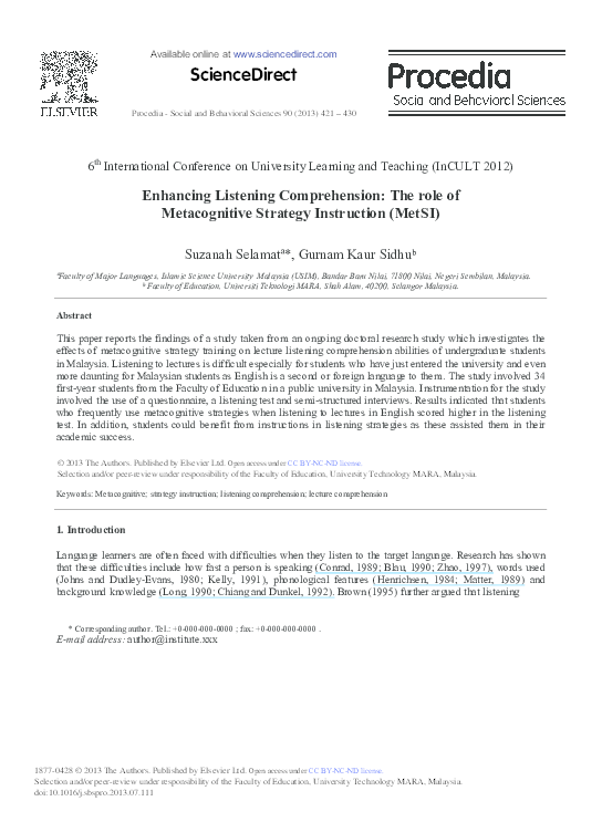 Pdf Enhancing Listening Comprehension The Role Of Metacognitive Strategy Instruction Metsi