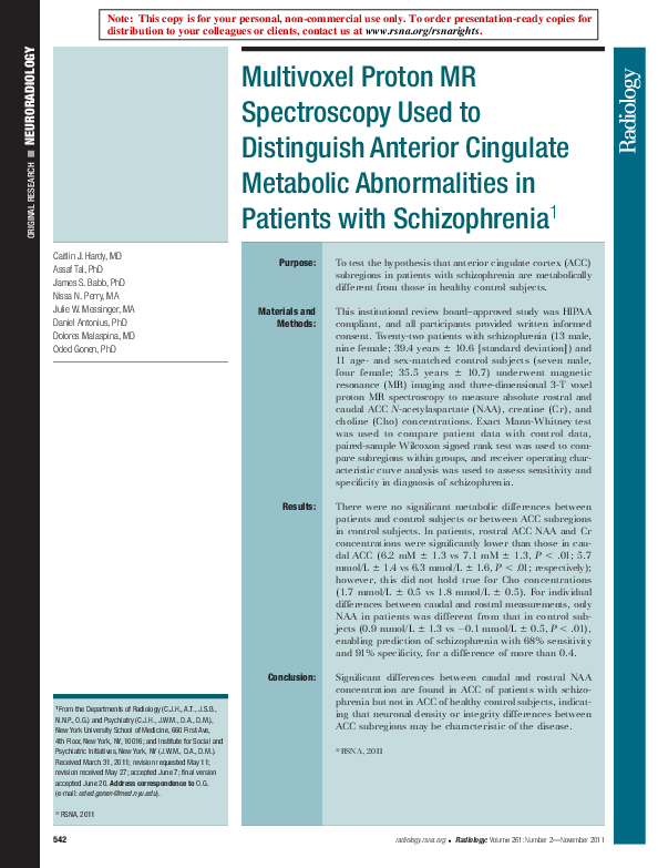 (PDF) Multivoxel Proton MR Spectroscopy Used to Distinguish Anterior Cingulate Metabolic ...