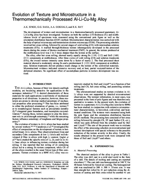 (PDF) Evolution of texture and microstructure in a thermomechanically processed Al-Li-Cu-Mg alloy
