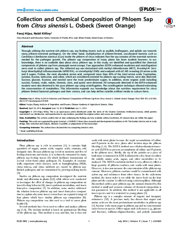 (PDF) Collection and Chemical Composition of Phloem Sap from Citrus ...