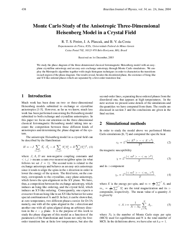 (PDF) Monte Carlo study of the anisotropic three-dimensional Heisenberg model in a crystal field