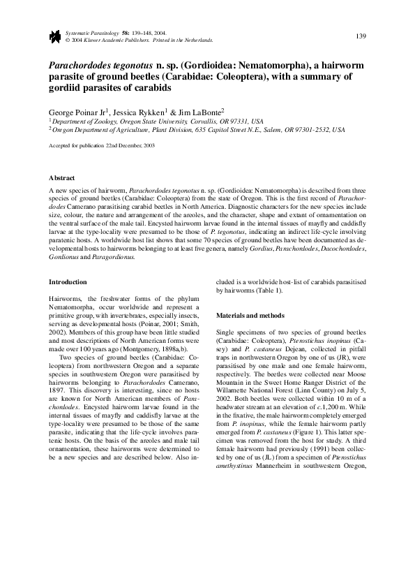 (PDF) Parachordodes tegonotus n. sp. (Gordioidea: Nematomorpha), a ...