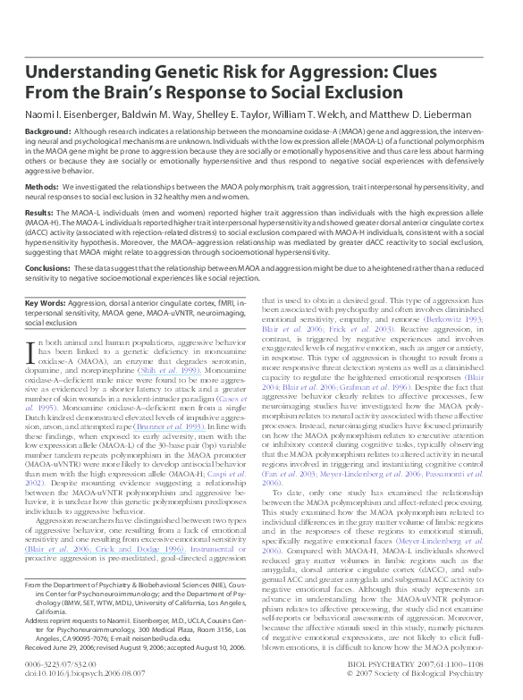 (PDF) Understanding Genetic Risk for Aggression: Clues From the Brain’s ...