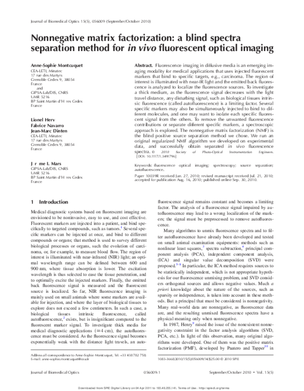 (PDF) Nonnegative matrix factorization: a blind spectra separation method for in vivo ...