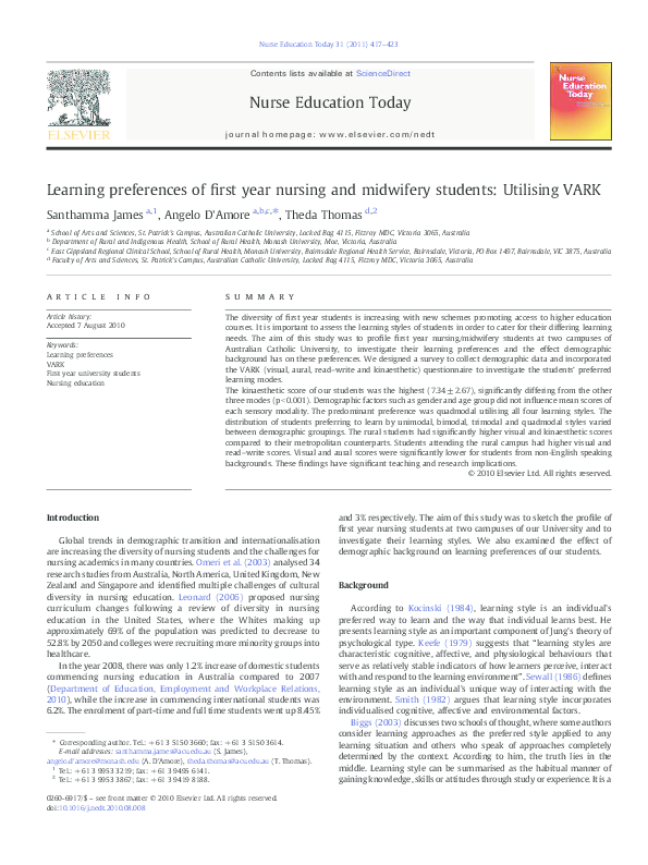 (PDF) Learning preferences of first year nursing and midwifery students: Utilising VARK