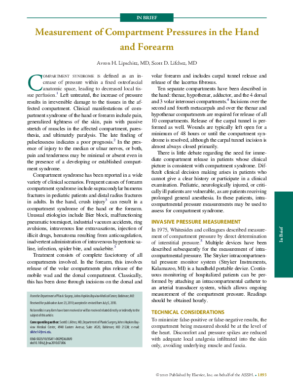(PDF) Measurement of Compartment Pressures in the Hand and Forearm