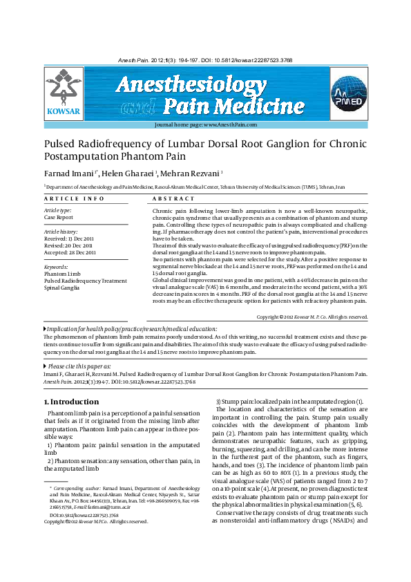 (PDF) Pulsed Radiofrequency of Lumbar Dorsal Root Ganglion for Chronic Postamputation Phantom Pain
