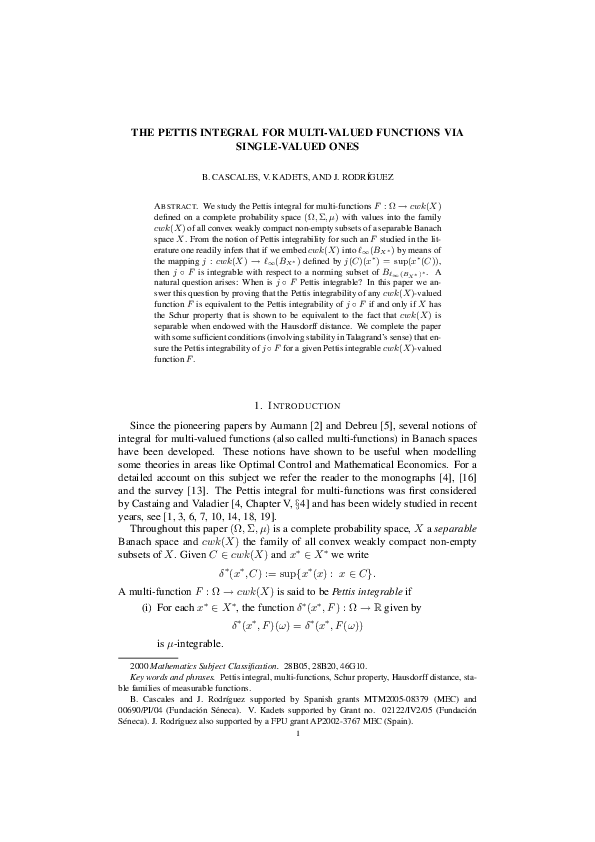 (PDF) The Pettis integral for multi-valued functions via single-valued ones