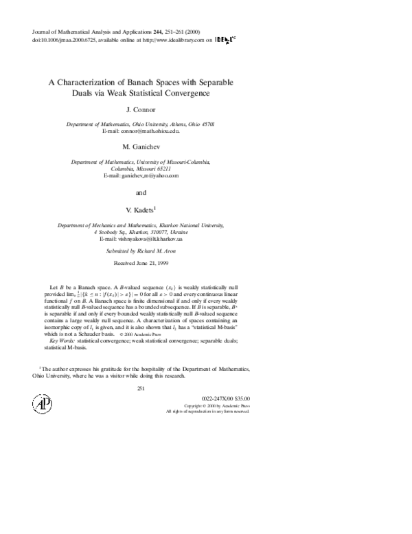 (PDF) A Characterization of Banach Spaces with Separable Duals via Weak Statistical Convergence