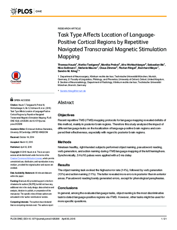 (PDF) Task Type Affects Location of Language-Positive Cortical Regions by Repetitive Navigated ...