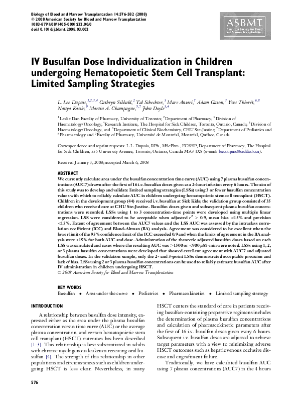 (PDF) IV Busulfan Dose Individualization in Children undergoing ...