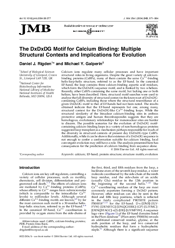 (PDF) The DxDxDG Motif for Calcium Binding: Multiple Structural ...