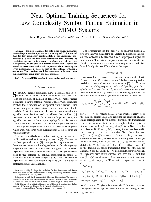(PDF) Near optimal training sequences for low complexity symbol timing estimation in MIMO systems