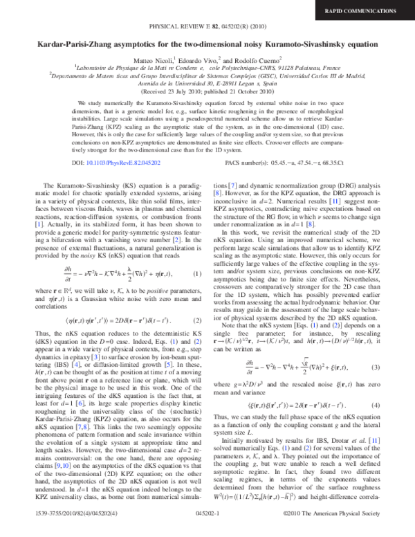 (PDF) Kardar-Parisi-Zhang asymptotics for the two-dimensional noisy Kuramoto-Sivashinsky equation
